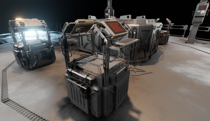 View of Metal Box Computer in Control Room in Dark Scene Stock ...