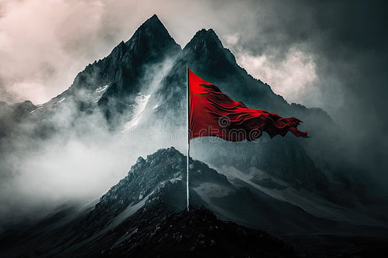 View of a Mist-shrouded Mountain Peak with Red Flag in the Distance ...