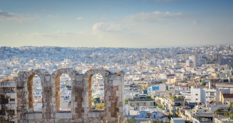 View of Modern City of Athens and Ancient Arches Stock Image - Image of ...