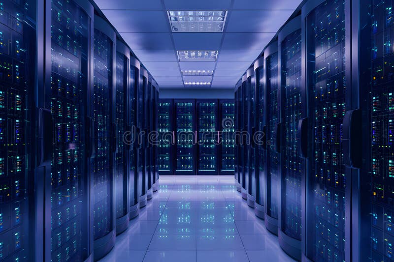 View Modern Data Center Server Room with Blue Lights, Digital ...