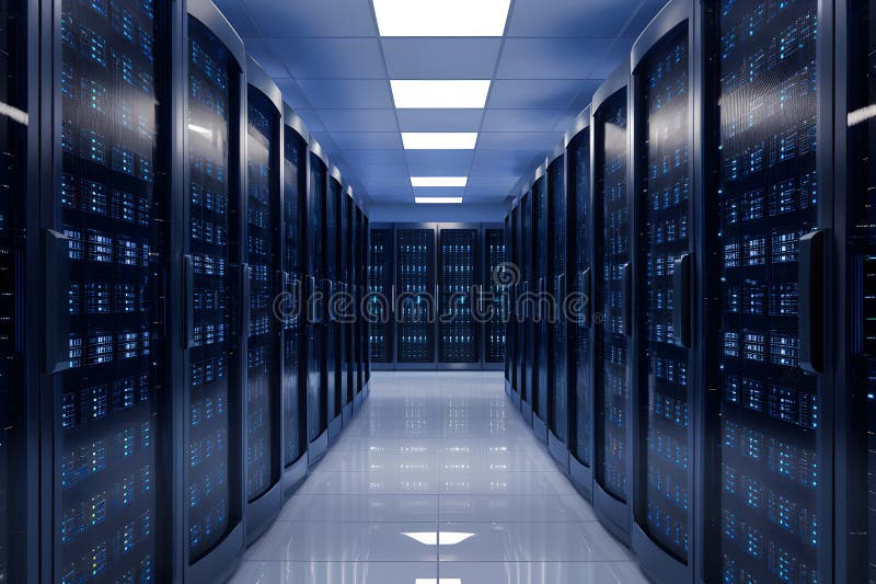 View Modern Data Center Server Room with Blue Lights, Digital ...