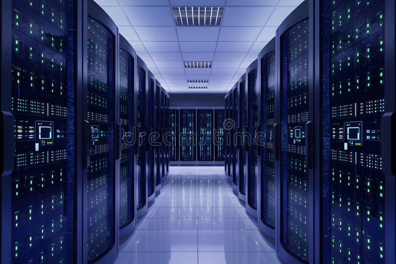 View Modern Data Center Server Room with Blue Lights, Digital ...