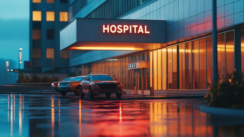 A View of the Modern Hospital Facade and Entrance at Dusk. Stock Photo ...