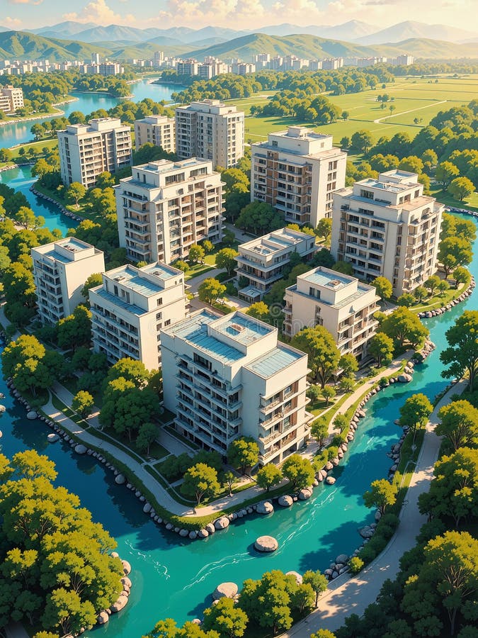 Modern Housing Complex with a Beautiful Environment Stock Illustration ...