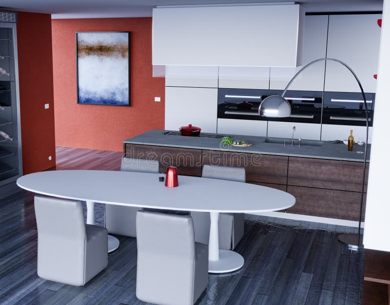 View of a Modern Kitchen Interior Furniture. Interior Architecture ...