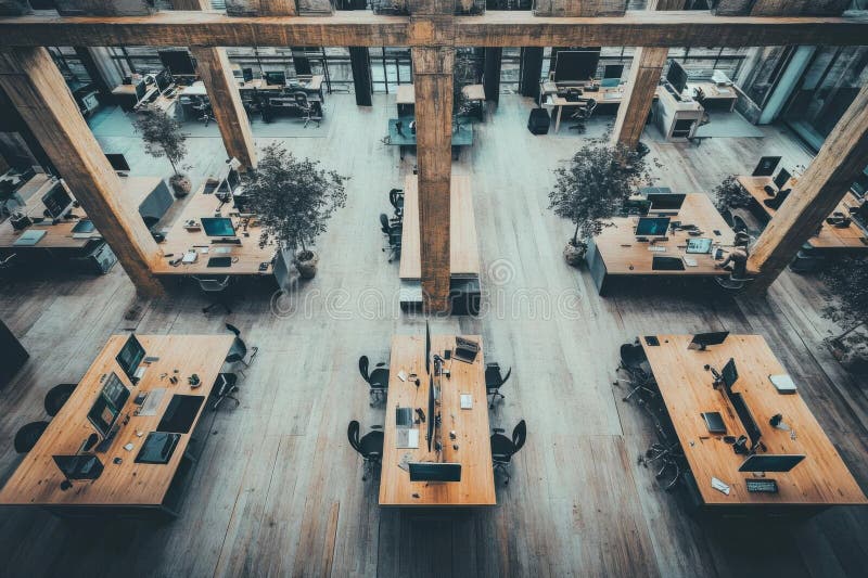 View of Modern Office Space with Desks and Plants, Work Ambience Stock ...