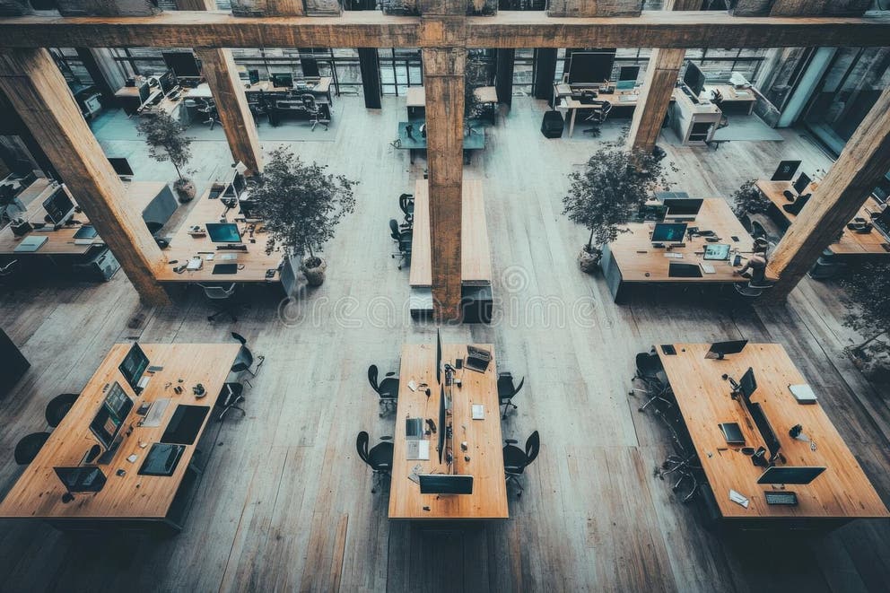 View of Modern Office Space with Desks and Plants, Work Ambience Stock ...