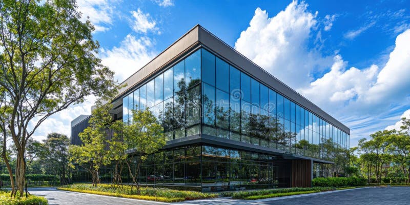 View of Modern Structure Reflects Nature and Sky in Glass Building ...