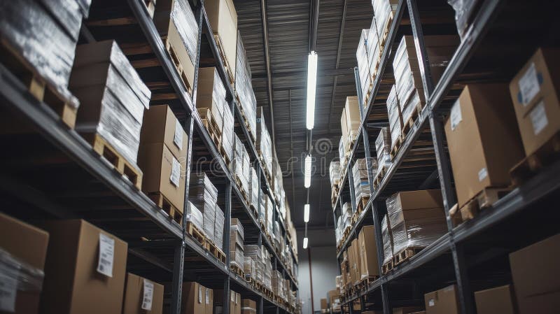 Aisles of Stacked Boxes in a Modern Warehouse Setting Stock ...