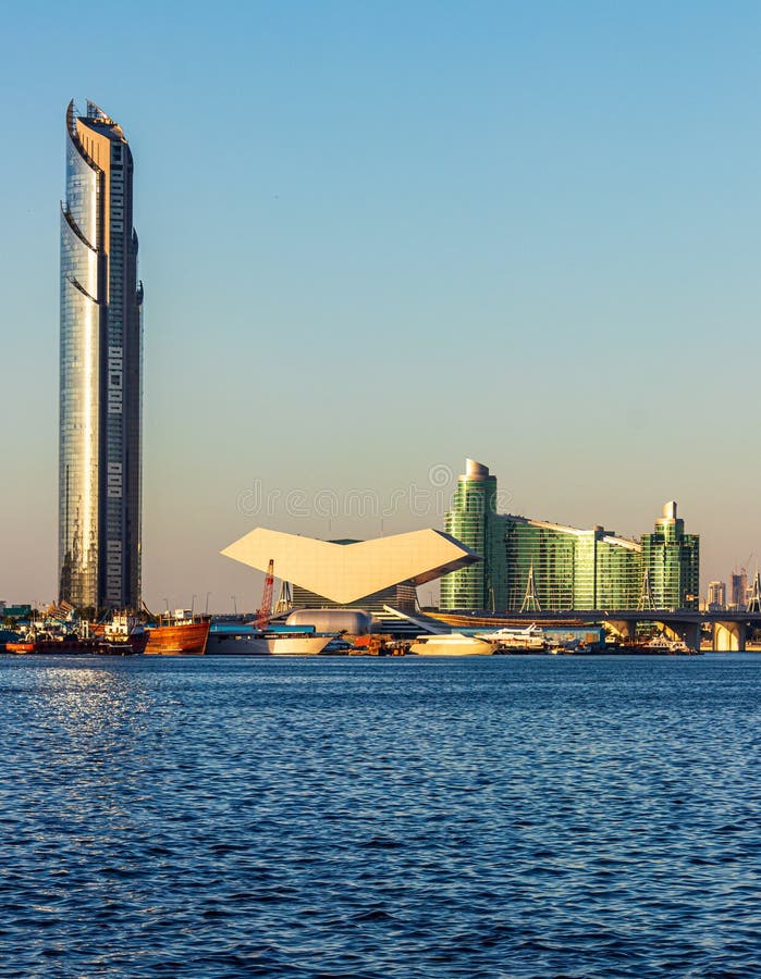View of Mohammed Bin Rashid Library and Dubai Skyline from Dubai Creek ...
