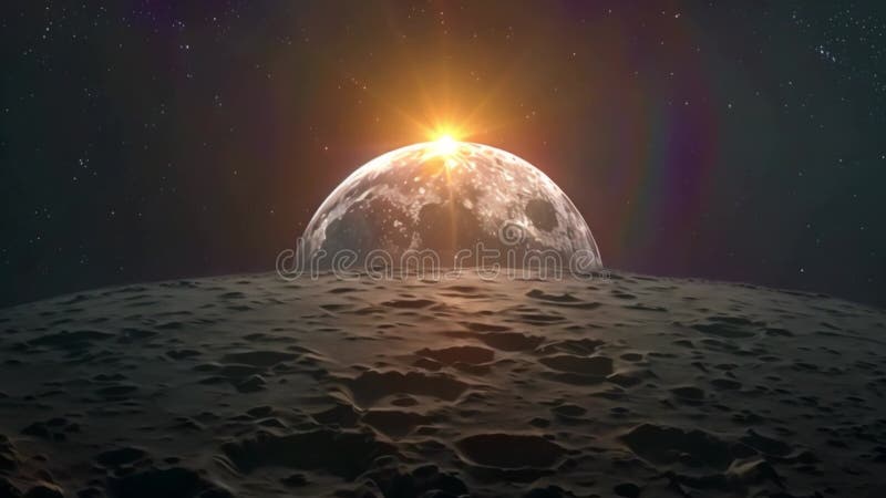 A View of the Moons Surface with the Sun Rising in the Distance Stock ...