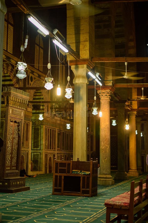 A View of Mosque Interior with Chandelier Light at Night Editorial ...
