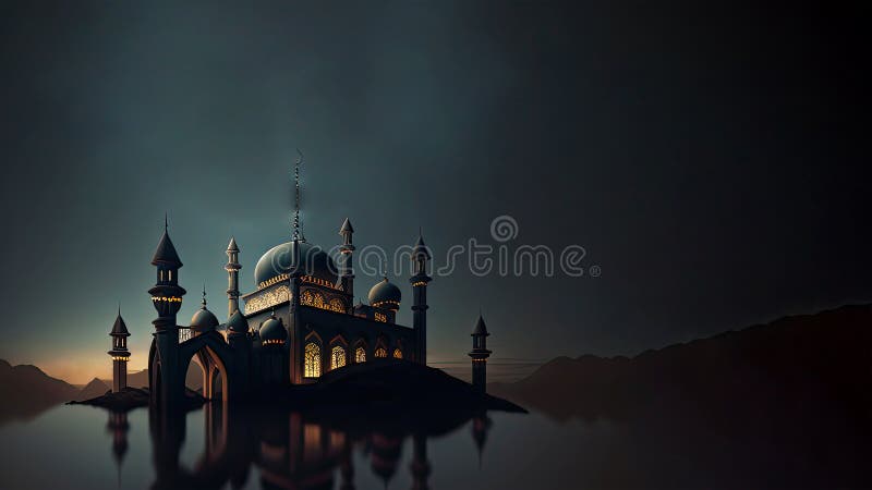 View of Mosque in Starry Night, Mosque Reflection in the Water. Islamic ...