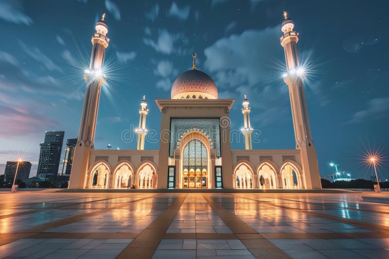 A View of a Mosques Intricate Architecture Illuminated Under the Night ...