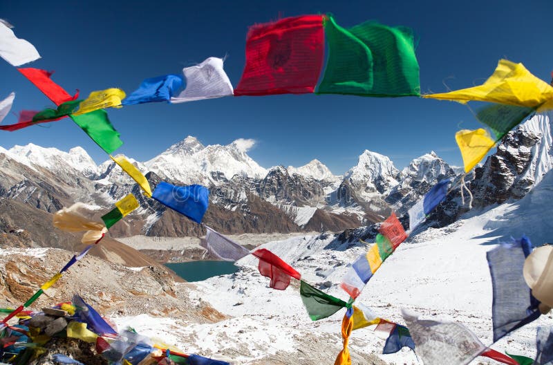 View of Mount Everest with Buddhist Prayer Flags Stock Image - Image of ...