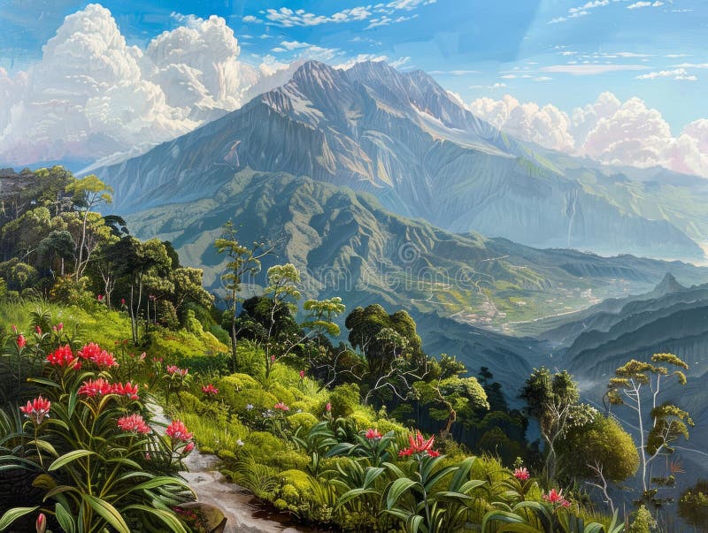 View of Mount Kinabalu - Ai Stock Illustration - Illustration of peak ...