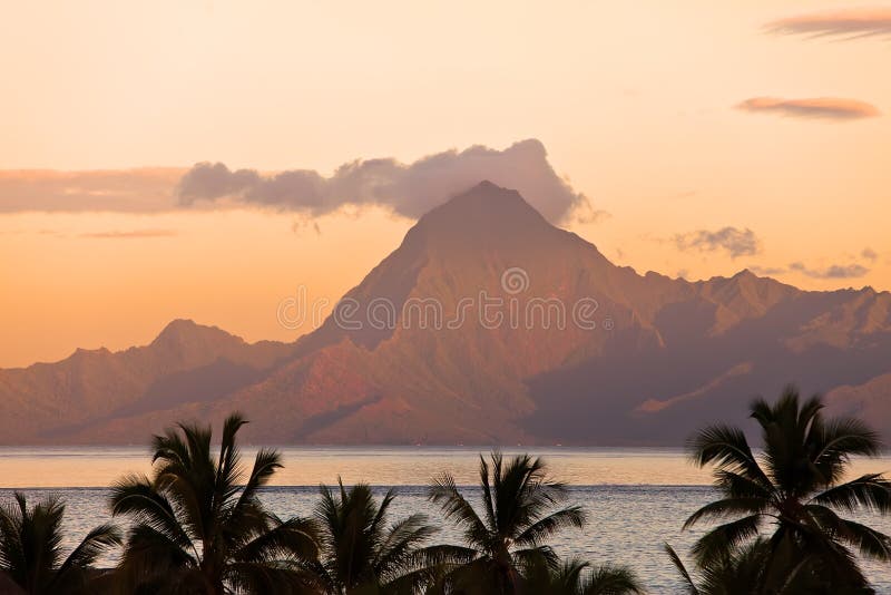 A Sunset Over Ocean and Mountain. Polynesia. Tahiti, with a Retro ...