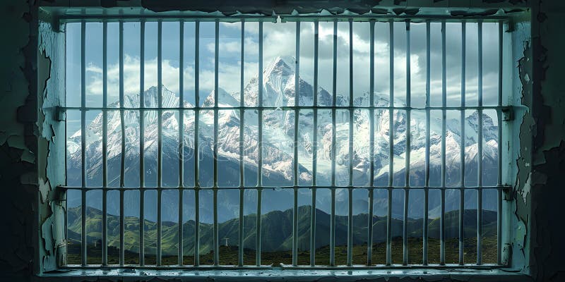 A View of Mountain Range through Prison Bars, Surrounded by Trees and ...