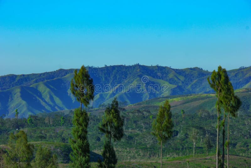 View of Mountain Ridges and Sloping Hills with Trees Under a Clear Blue ...