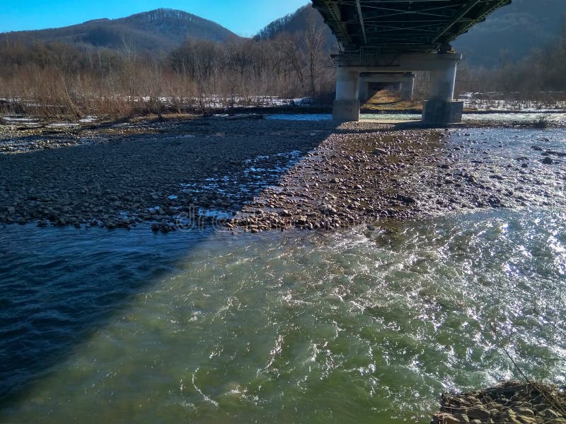 View of the Mountain River and Bridge at Winter Stock Image - Image of ...