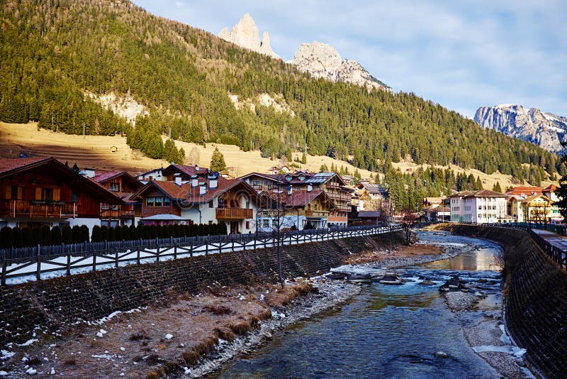 View on Mountain River in Small Alpine Town Stock Photo - Image of ...