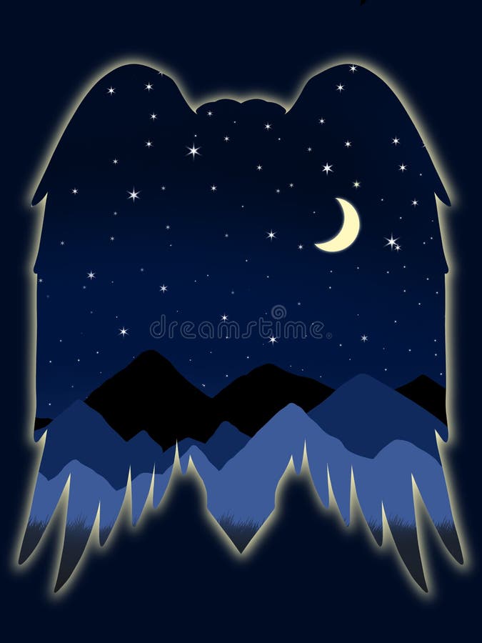 View of Mountain and Sky at Starry Night with Wing Shaped Frame Stock ...