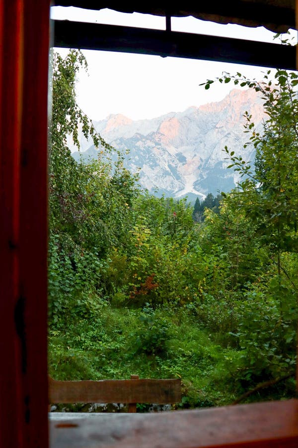 View of Mountains and Forest Bush from the Cabin S Wooden Window Stock ...