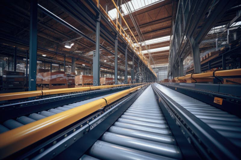 A View of Multiple Rows of Conveyor Belts in a Spacious Warehouse, Low ...