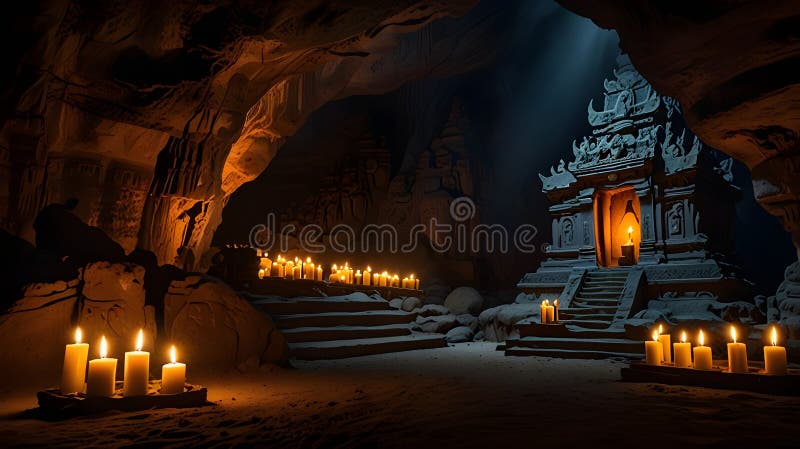 A Mysterious Underground Cave Temple Illuminated by Candlelight Stock ...