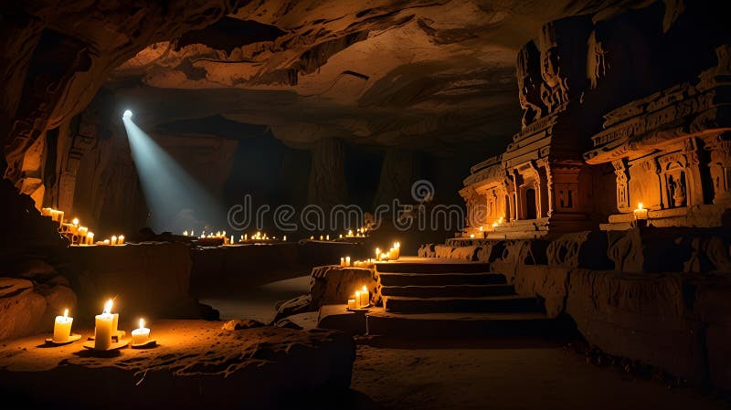 A Mysterious Underground Cave Temple Illuminated by Candlelight Stock ...