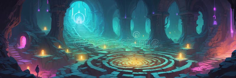View of a Mysterious Underground Labyrinth with Glowing Lights Marking ...