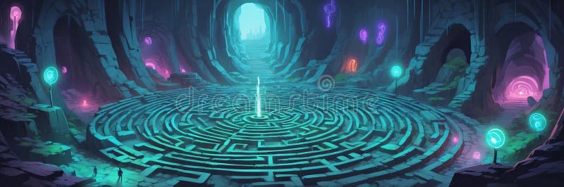 View of a Mysterious Underground Labyrinth with Glowing Lights Marking ...