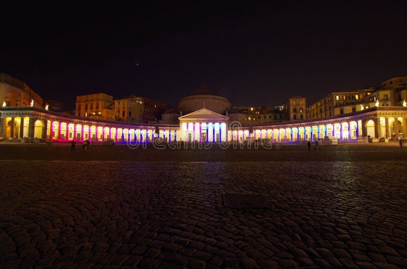 View of Naples` Piazza Del Plebiscito at Night, with Light Shows ...