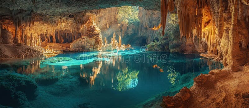 A View of a Natural Pool Inside a Cave with Stalactites Hanging from ...