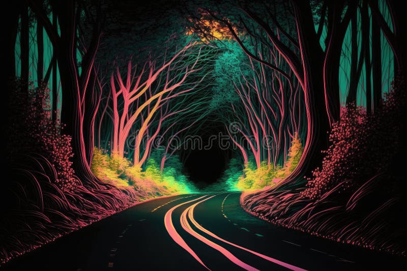 View of the Neon Highway in the Forest, Night Landscape. Generative Ai ...