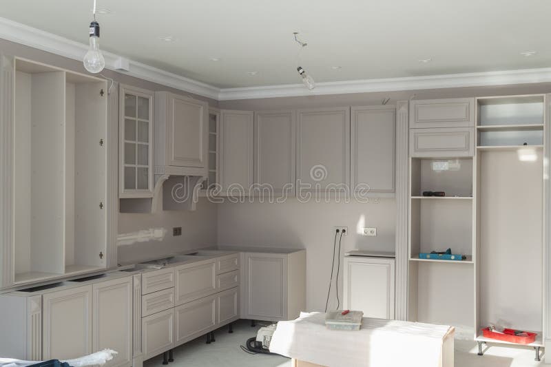View of the New Elegant Corner Kitchen during Assembly Stock Image ...