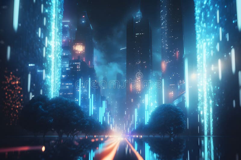 View of the Night City in Blue Tones. Synthwave Concept Stock ...