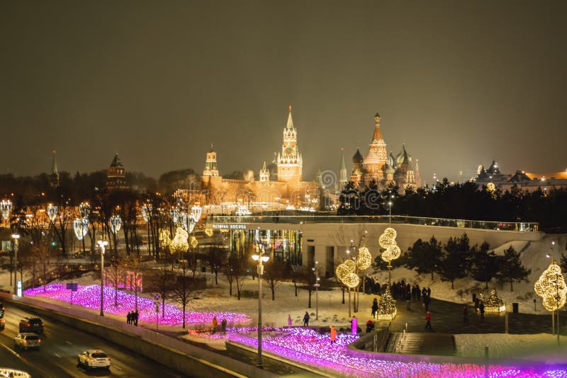 View of the Night Red Square in the Snow Stock Image - Image of dusk ...