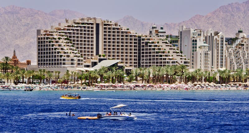 Night View on Resort Hotels in Eilat City, Israel Stock Photo - Image ...