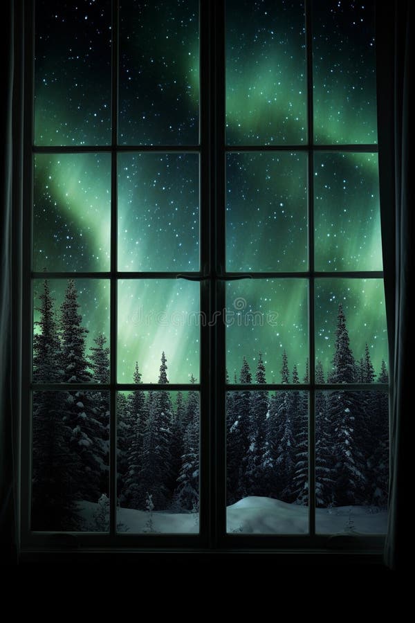 View of the Northern Lights in the Winter Forest from the House Window ...