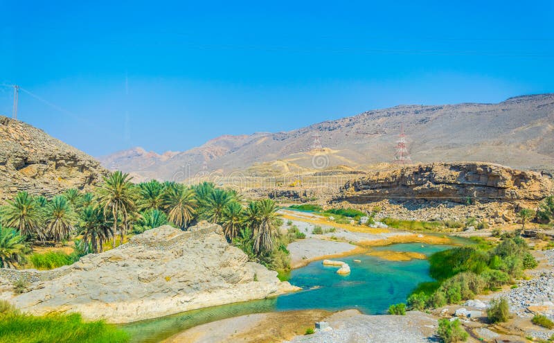 View of an Oasis and a Village Under the Hajar Mountains Range in Oman ...