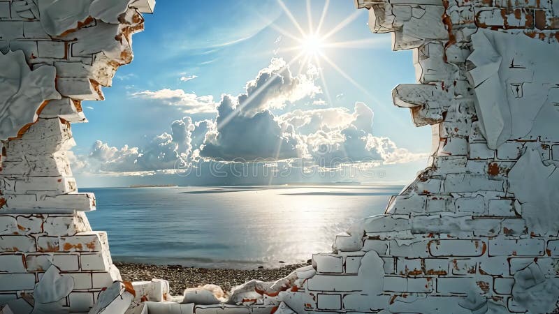 View of Ocean through Brick Wall Hole, Dramatic Sunlight and Clouds ...
