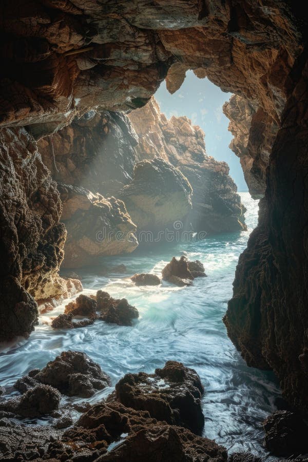 View of the Ocean from Inside a Cave, Showing the Calm Waters and Rocky ...