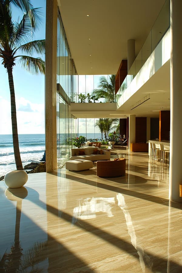 A View of the Ocean from Inside a Modern House Stock Photo - Image of ...