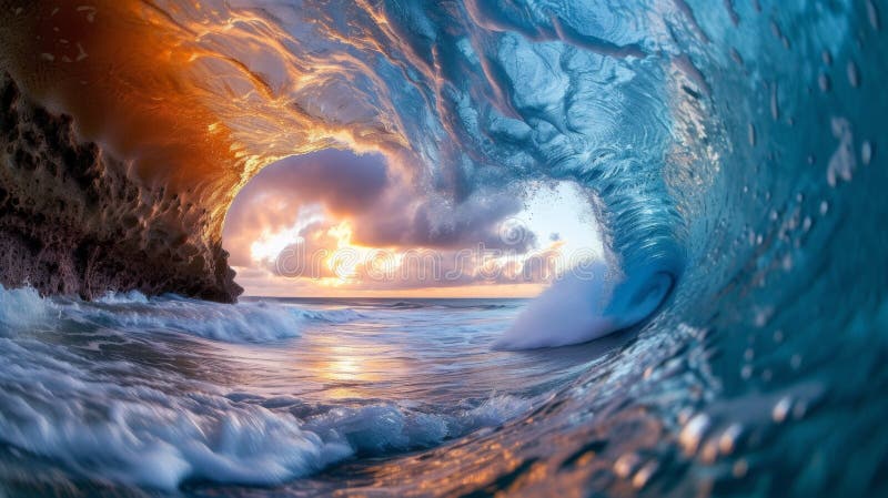 A View of the Ocean from Inside a Wave at Sunset, AI Stock Image ...