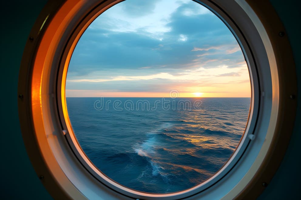 A View of the Ocean through a Round Window.Window View from Ship Window ...