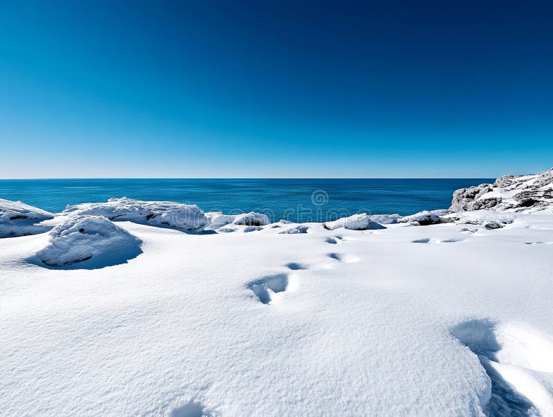 A View of the Ocean from a Snowy Beach with Footprints in the Snow ...