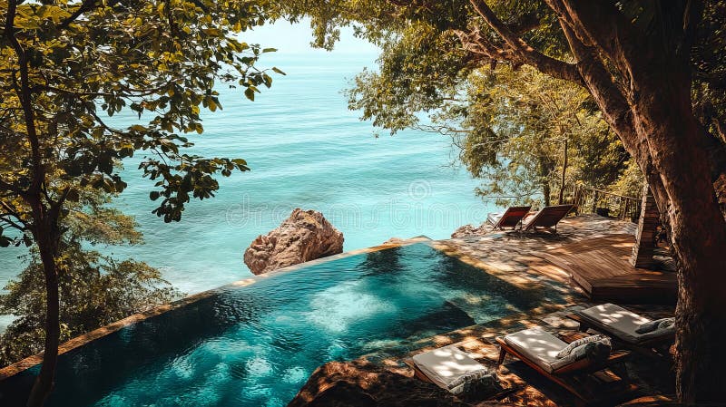 A View of the Ocean from the Top of a Cliff Overlooking a Swimming Pool ...