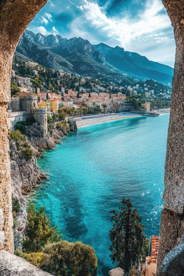 A View of the Ocean from a Window in a Medieval-style Castle Stock ...