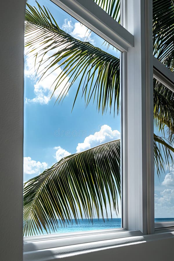 A View of the Ocean through a Window with a Palm Tree in the Foreground ...